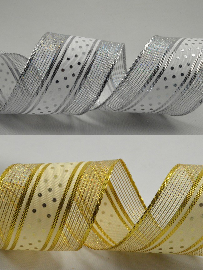 Wire edge gold or silver lurex ribbon with central polka dot design ...